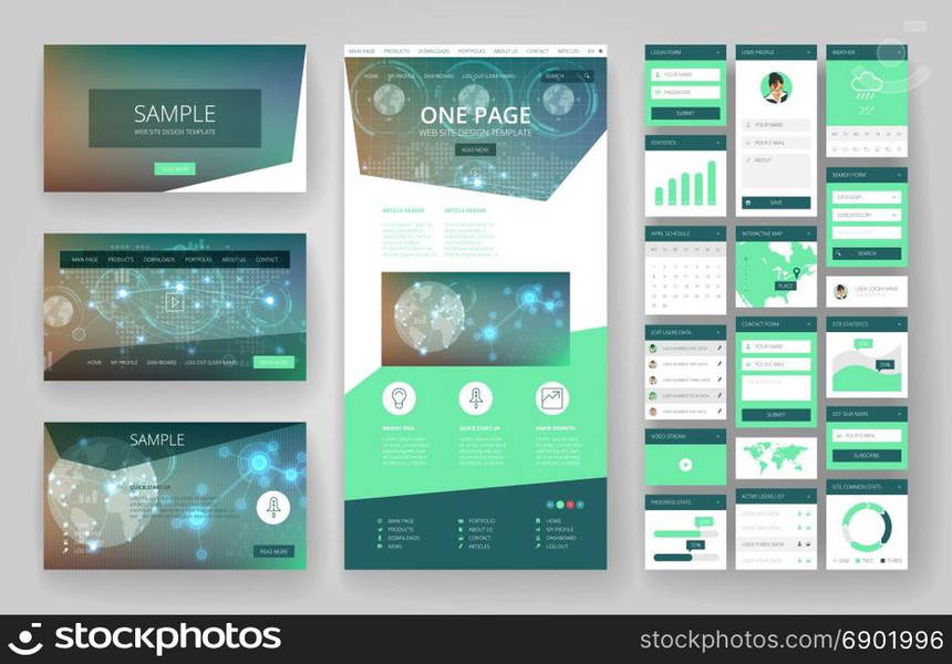 Website template, one page design, headers and interface elements ...