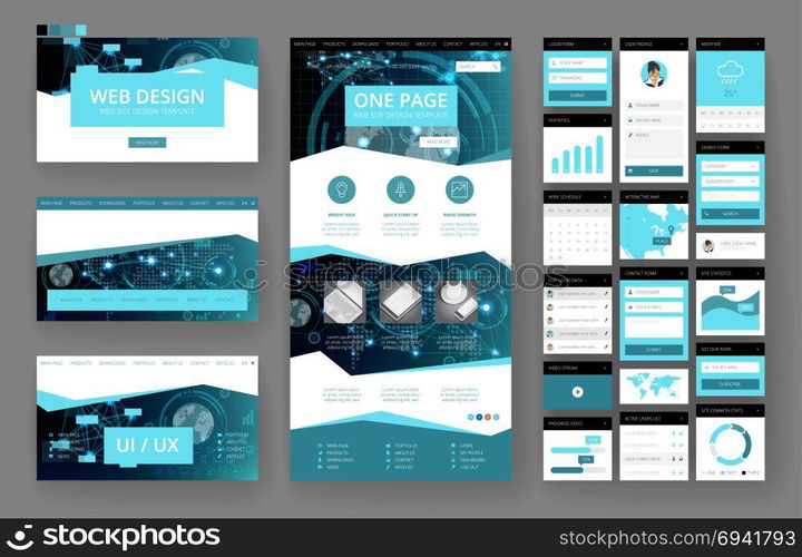 Website template, one page design, headers and interface elements ...