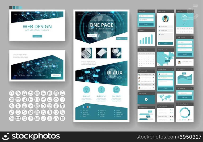 Website template, one page design, headers and interface elements ...