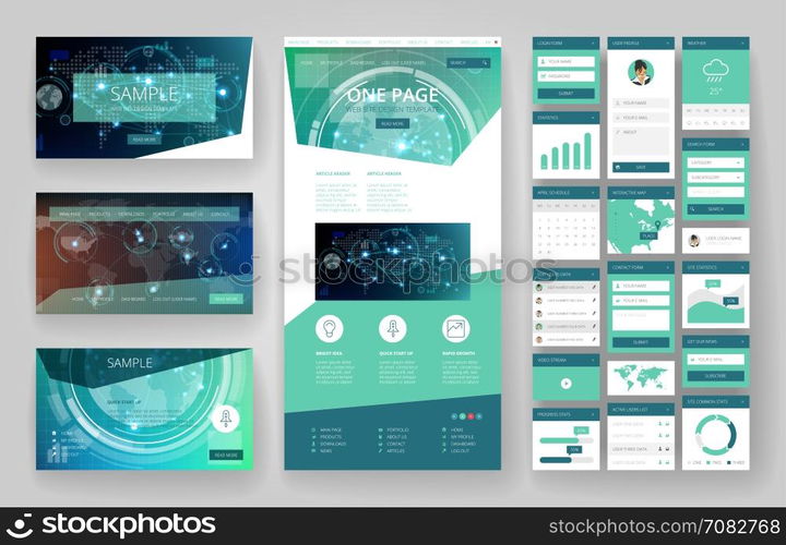 Website template, one page design, headers and interface elements ...