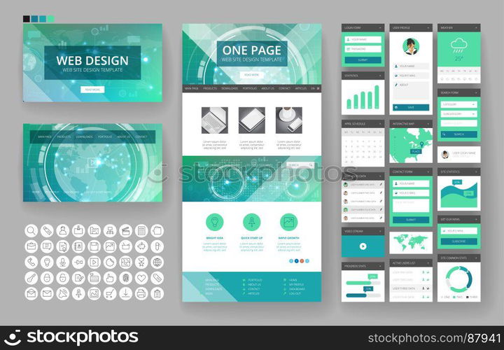 Website template, one page design, headers and interface elements ...