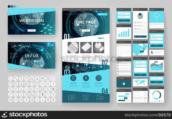 Website template, one page design, headers and interface elements ...