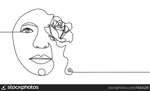 Woman face with flowers Continuous one line drawing. Flower bouquet in ...