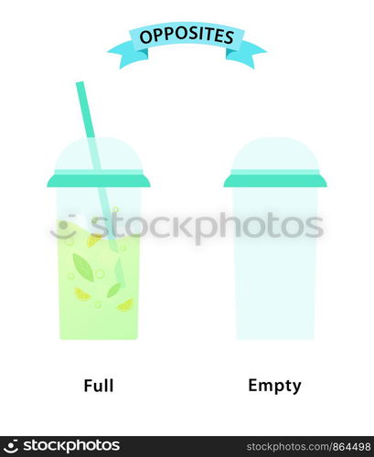Wordcard for full and empty antonyms and opposites. Illustration of a ...