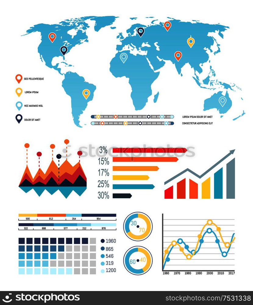 World map with diagrams, worldwide visualization information vector ...