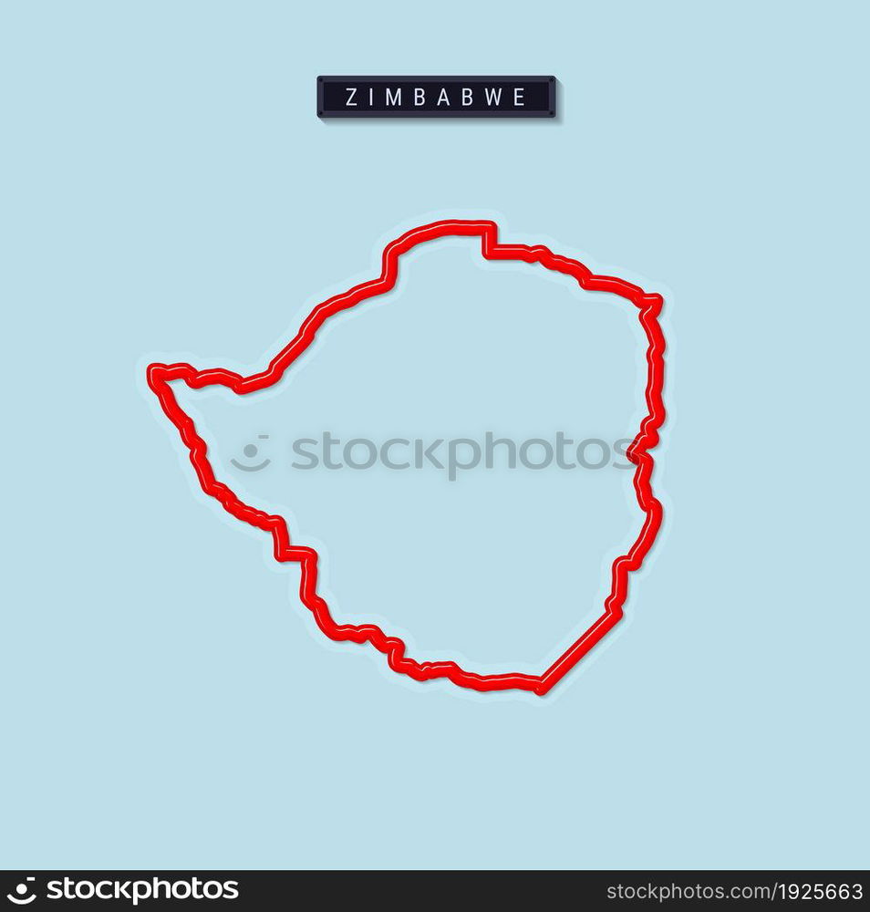 Zimbabwe bold outline map. Glossy red border with soft shadow. Country name plate. Vector ...